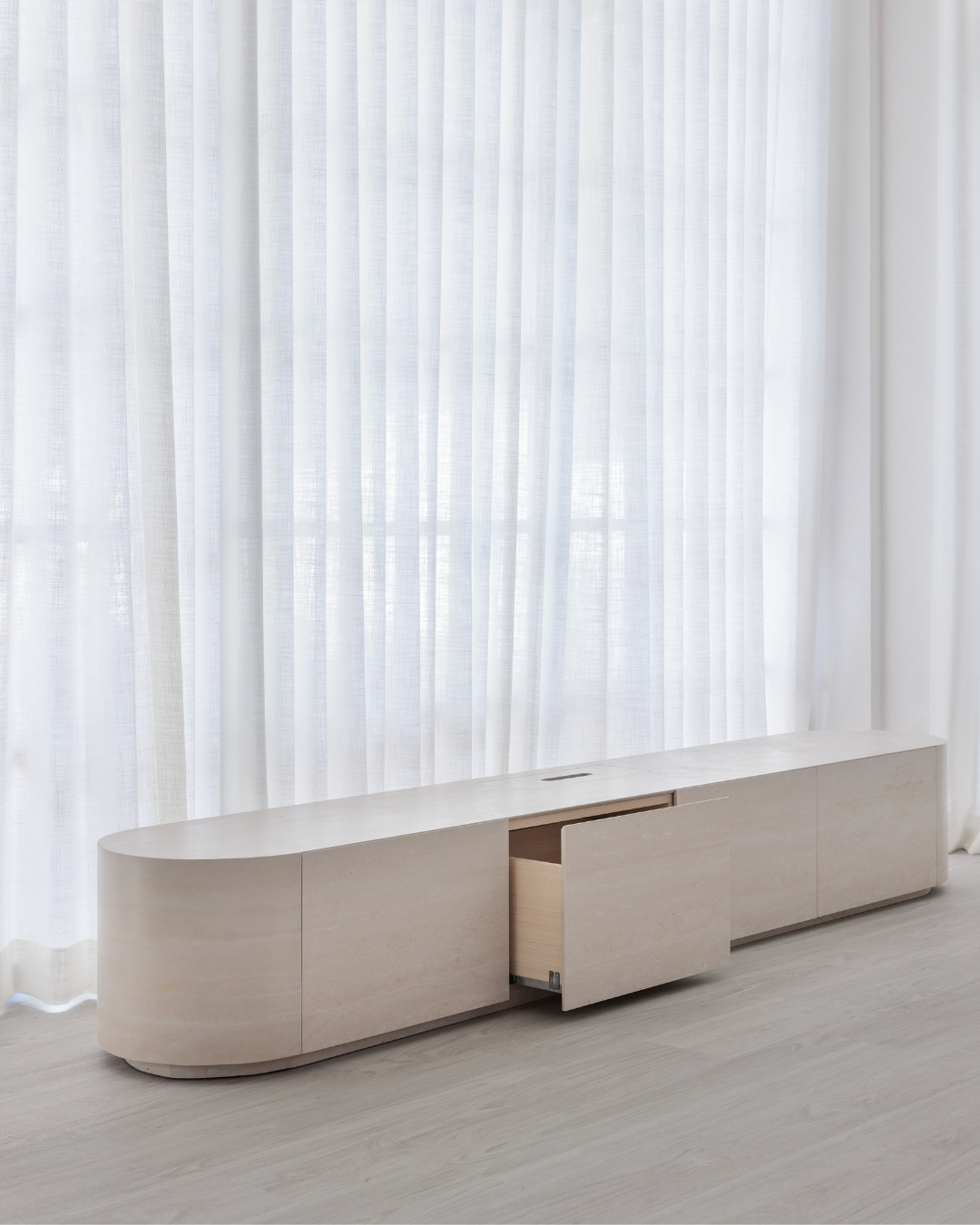 Eliesse Curved TV Console - Sintered Travertine | The Happy Place